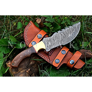 Nooraki - 11 inch | Custom Handmade Damascus Tracker Knife with Brown Micarta Handle Hunting knife, Camping knife, Bushcraft Knife, Survival Knife - Full Tang Fire Pattern With Sheath #332