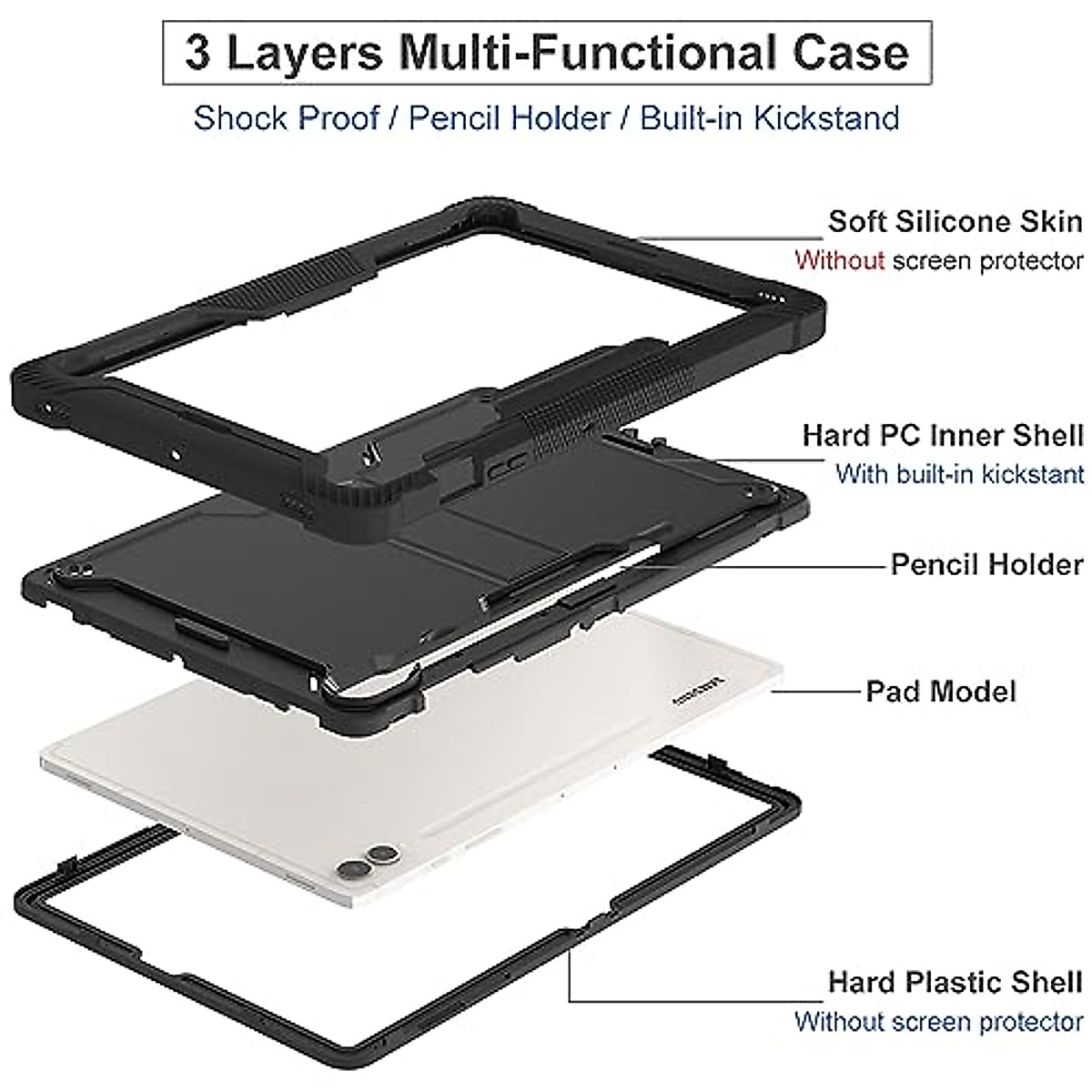 SaniMore Case for Samsung Galaxy Tab S9 Plus 12.4" Tablet 2023, Full-Body 3 Layers Rugged Kickstand Hybrid Case [Pen Holder] [Shock Absorbent] Cover for Galaxy S9+ Tablet SM-X810/X816B/X818U, Black