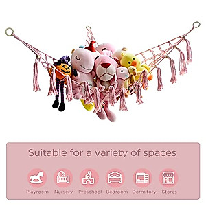 Pink Hammock with Wooden Beads and Fringe Toy Storage, Boho Room Decor, Bedroom Decor, Plush Toy Storage for Kids, Girls Bedroom Storage