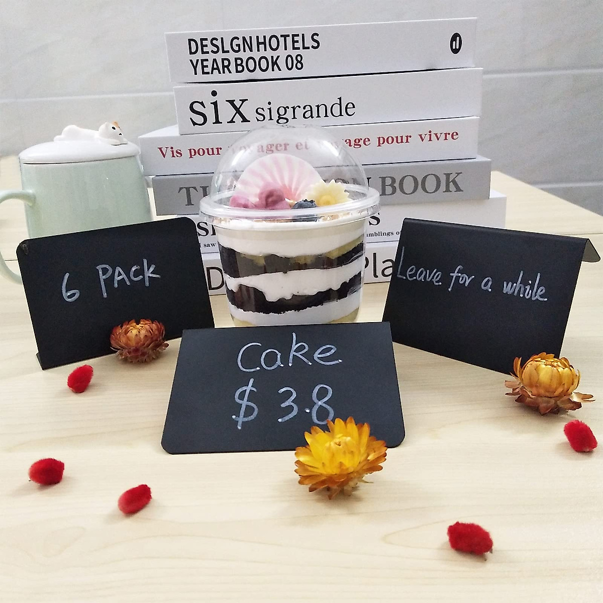 Medsuo 6pcs Mini Chalkboard Signs, L-Shape Small Blackboard with 2 Erasable Blackboard Pens for School, Weddings Table Sign, Party Food Signs, Bakery, Message Board Signs (4 x 2.8 inch)