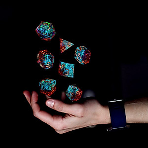 SVIZO Polyhedral Resin DND Dice Set, Handcrafted Polished Sharp Edge Tabletop D&D RPG Games Dice with Inclusions and Holder Case Dungeons and Dragons 7PCS (Red Blue)