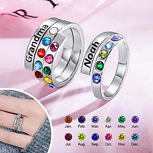 Custom Engraved Initials Name Rings For Women 925 Sterling Silver/Copper/Stainless Steel Stackable Mother Rings Anniversary Personalized 1-10 Birthstone Rings Grandma Birthday Gifts For Nana Mom