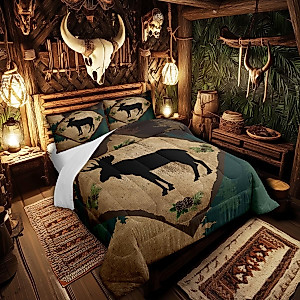 Homewish Lodge Cabin Comforter Set King Size 3 Pcs Wild Deer Antlers Outdoor Animal Comforter for Kids Teens Adults Pine Trees Retro Grid Rustic Style Bedding Set with 2 Pillowcases+1 Comforter