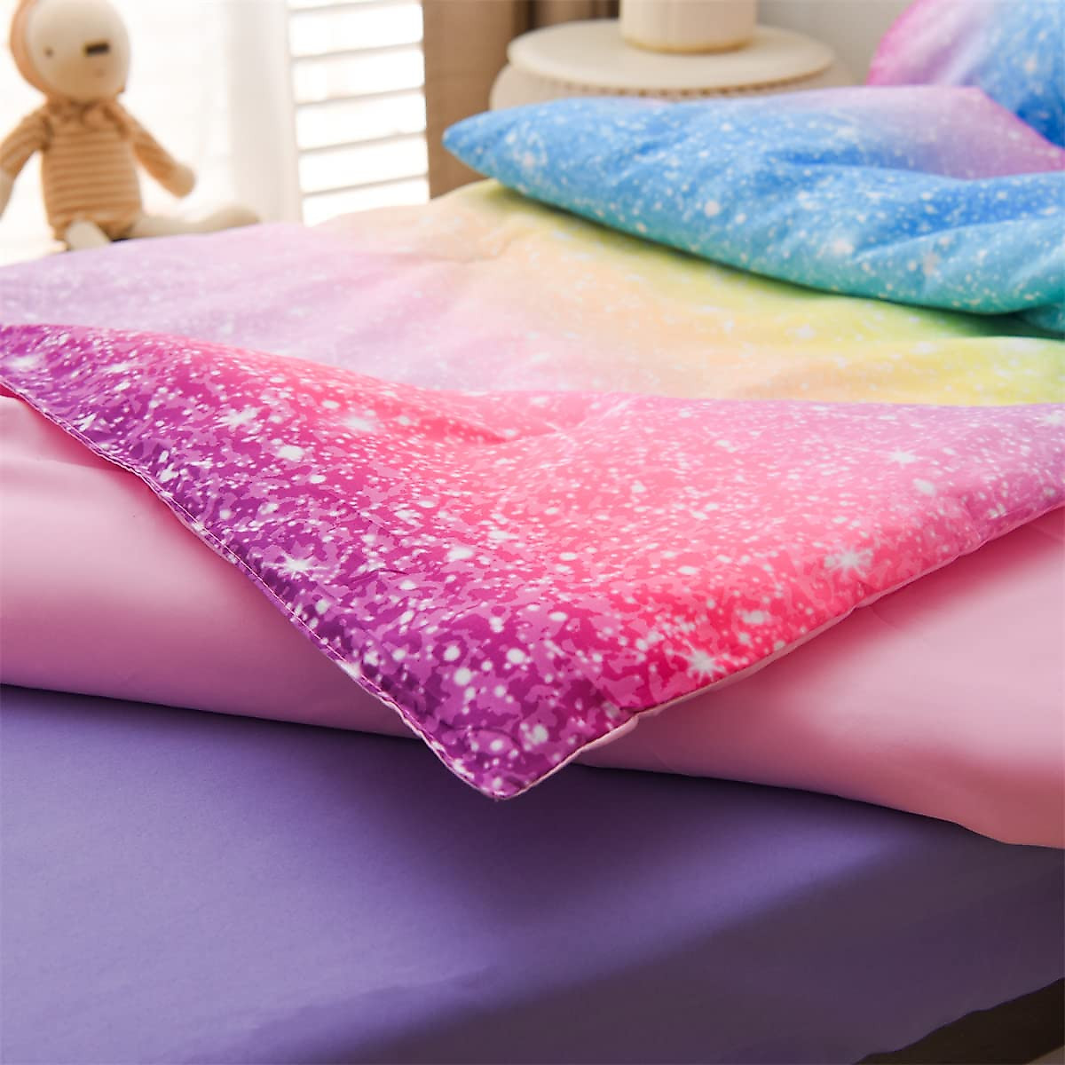 Holawakaka 4PCS Ombre Toddler Bedding Set, Colorful Gradient Stars Comforter Sheet Sets for Baby Girl Toddler Girls (Multi-Color)