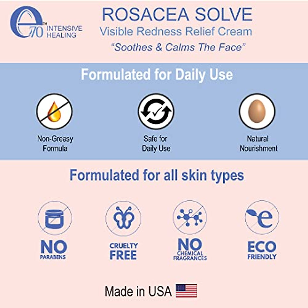 E70 Rosacea Solve - Redness Relief Cream - Calming Face Moisturizer For Rosacea and Acne-Prone Skin - Sensitive Skin Care With Organic Ingredients such as Aloe Vera, Almond Oil, Licorice and Chamomile Extracts - No Parabens