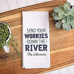 CANARY ROAD Personalized River House Kitchen Towel, Personalized River House Tea Towel, Family Name, River Cabin Hand Towel, Mountain House Gift, Kitchen Decor