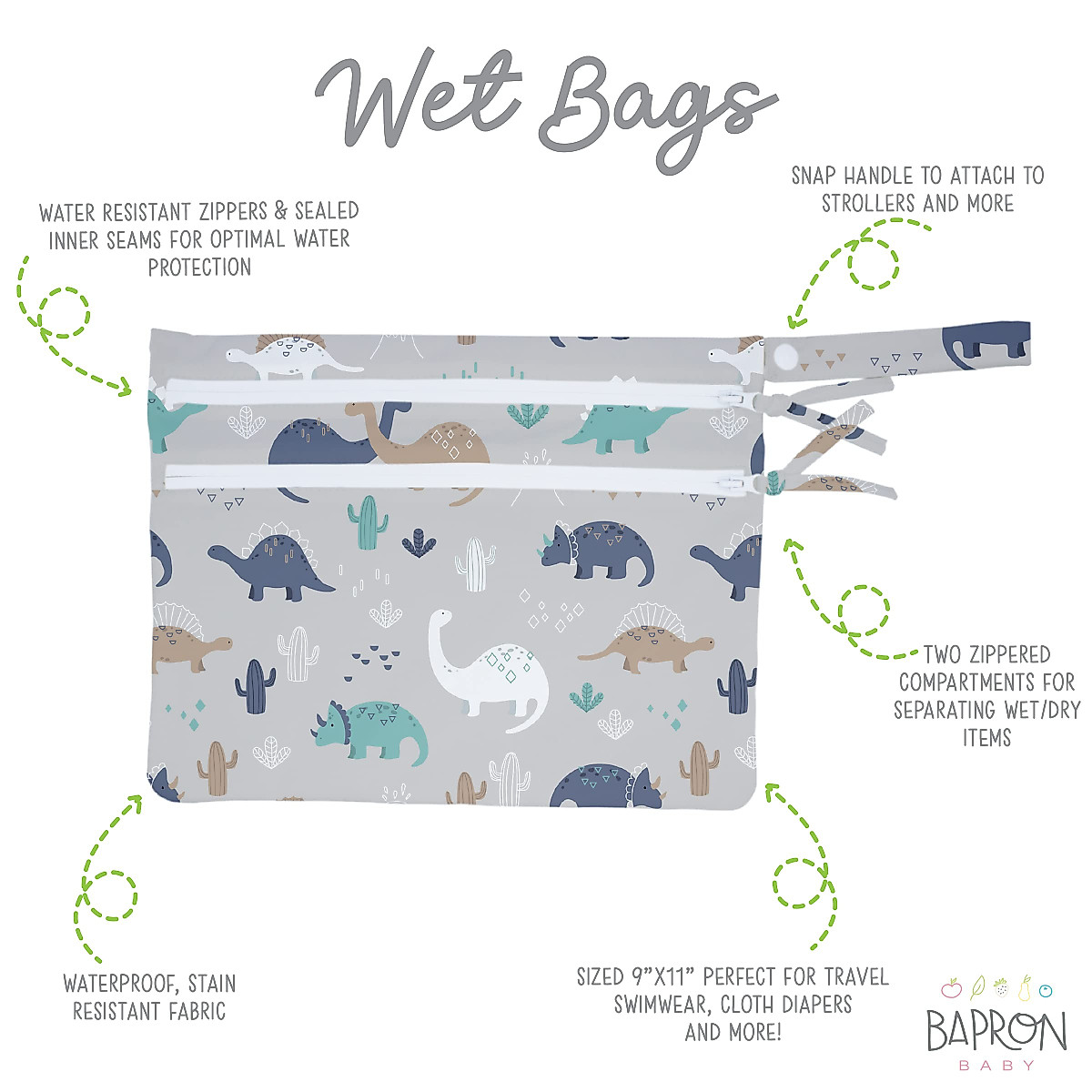 BapronBaby Desert Dinos Wet Dry Bag - Waterproof Two Zipper Pockets - Reusable for Mealtime, Diapers, Stroller, Snacks, Swimsuits - Machine Washable - 11" x 9"