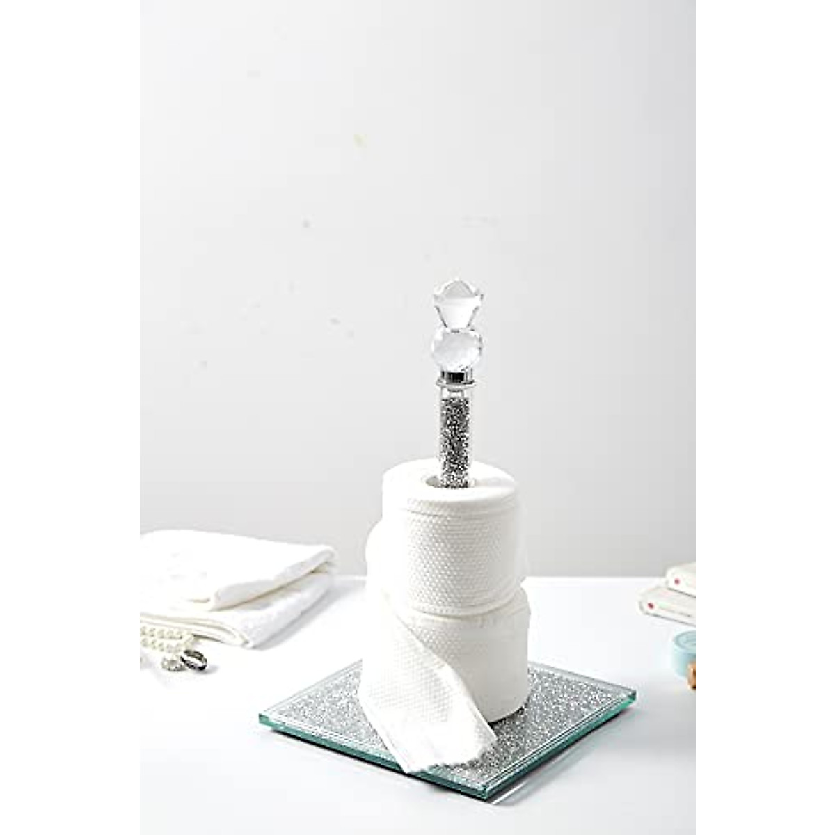 BANQLE Upright Paper Towel Holders, Glam Crystal Kitchen Countertop Decor, Standup Glass Glitter Sparkle Paper Towel Holder, Kitchen Decoration Silver