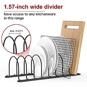 JAQ Pot Lid Rack Organizer, 13.5'' Kitchenware Dividers Holder for Plates, Pans, Cutting Boards, Muffin Tins, Baking Sheets in Cabinets Shelf Countertop Pantry ( Black, 8-Slot)