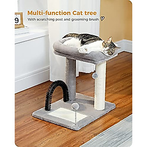 PEQULTI Cat Scratching Post Bed, Cat Scratcher with Sisal Covered Scratching Post and Pad, Self-Grooming Brush for Indoor Kittens and Cats