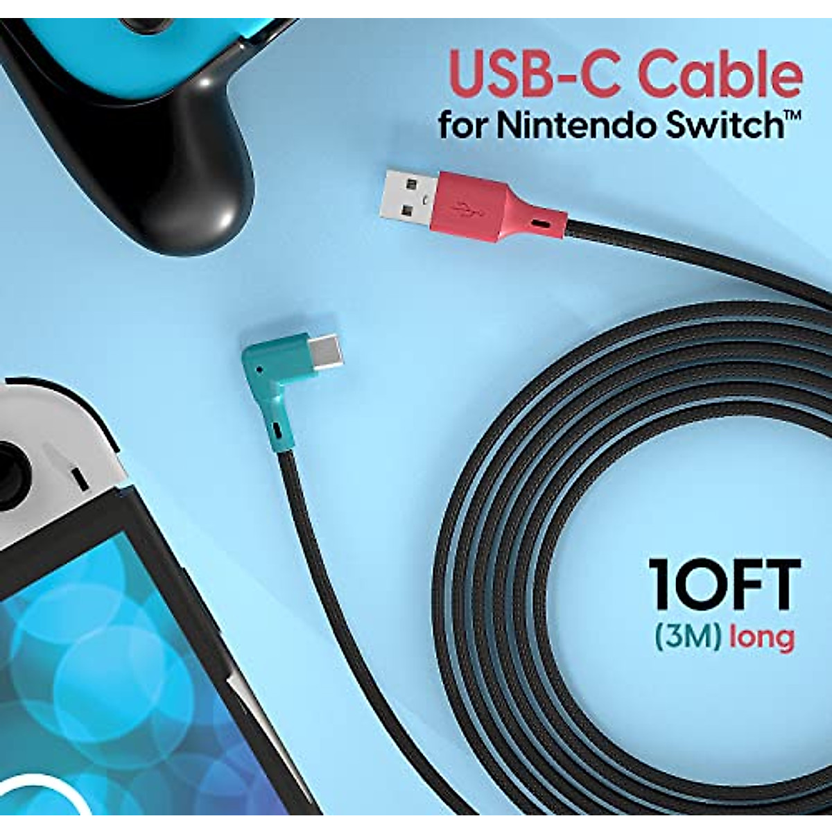 TALK WORKS USB-C Cable - Right Angle, 10 ft. - Fast Charging Cable Compatible with Nintendo Switch, Switch Lite, and OLED - Angled Long Cable for Comfortable Mobile Gaming