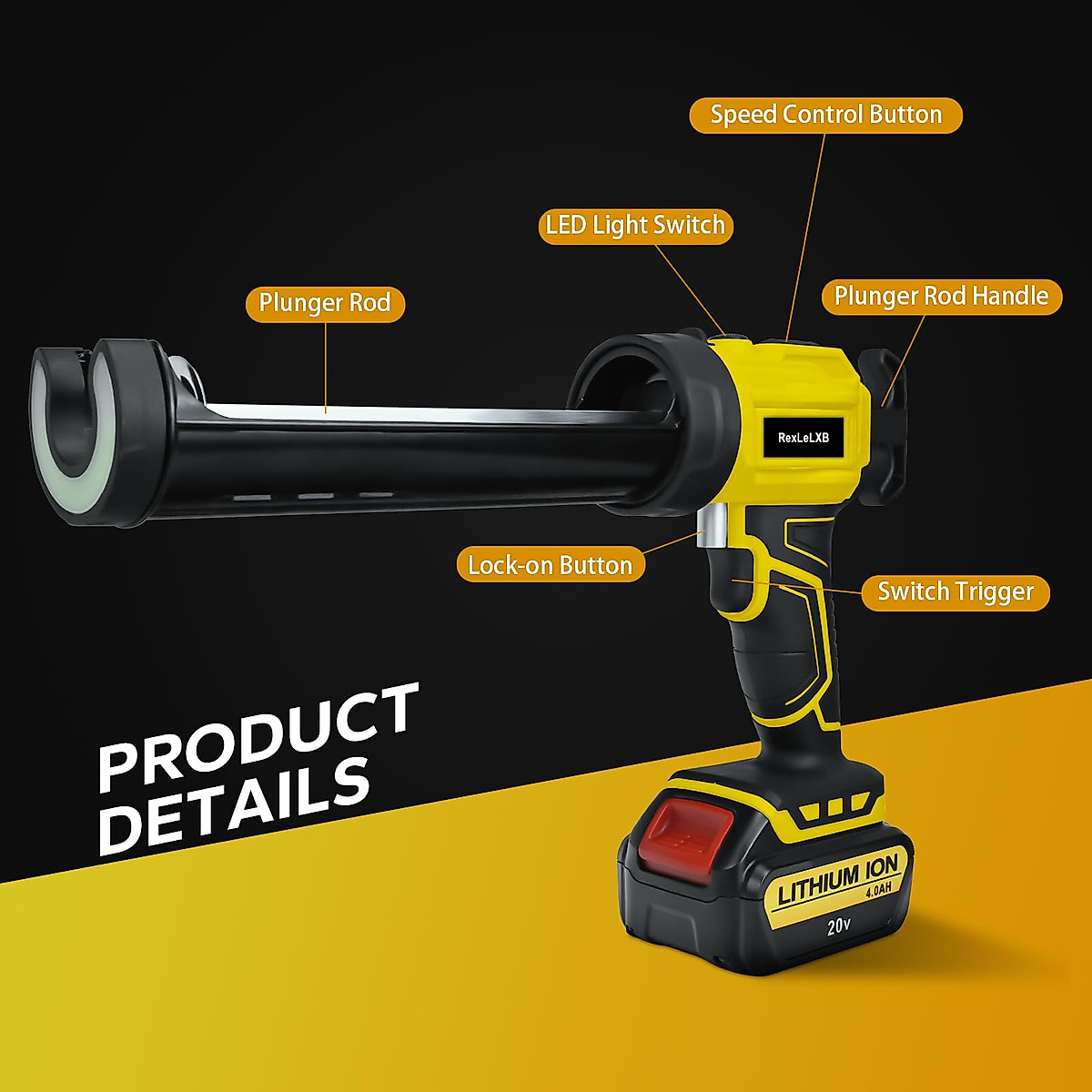 Cordless Caulking Gun for DeWALT 20V Battery, Electric Caulk Adhesive Gun with 450lm LED Light, 4 Adjustable Speeds, Drip-free Caulk Gun, 10oz/300ml Caulking Tool for Filling, Sealing(No Battery)
