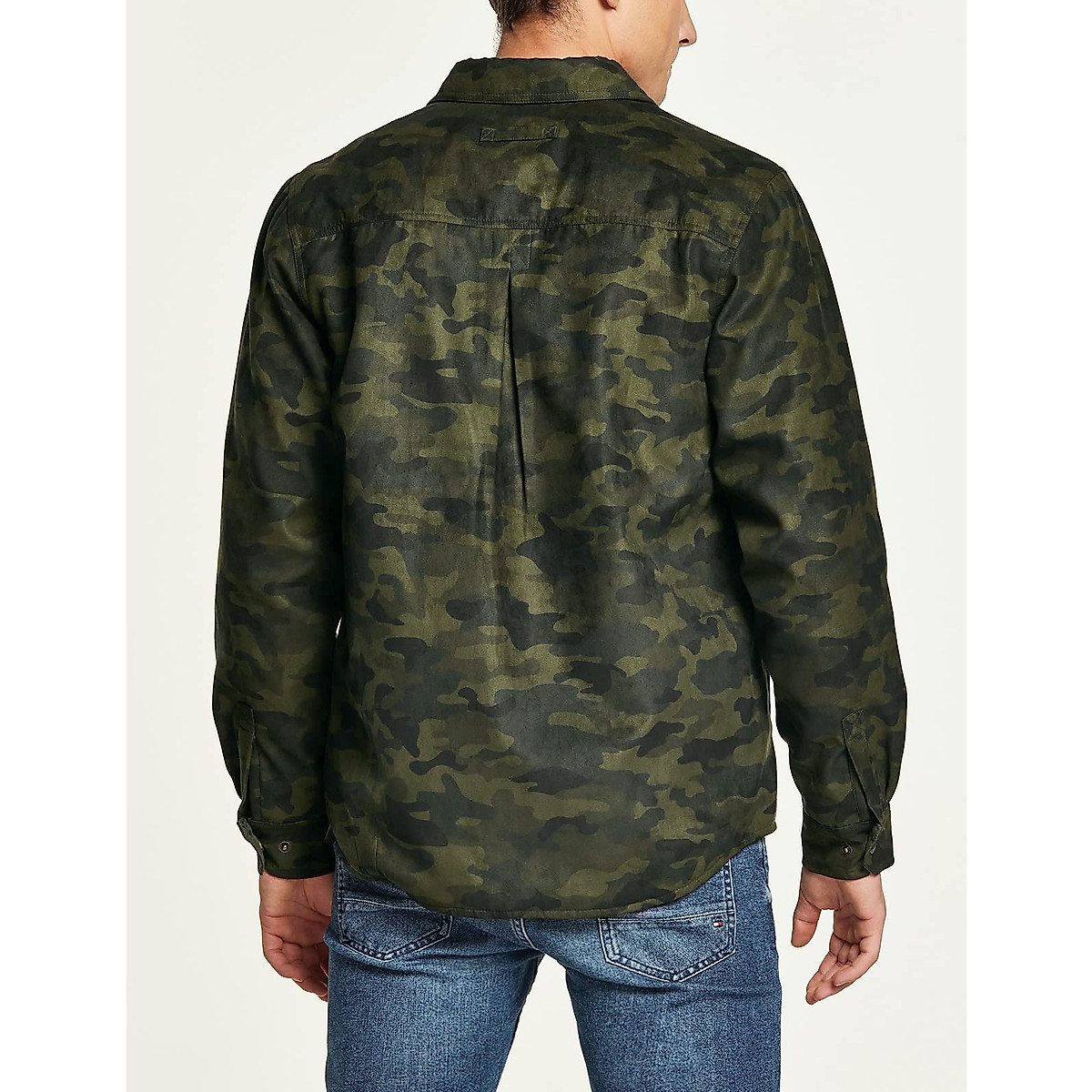 CQR Men's Flannel Lined Shirt Jackets, Long Sleeved Rugged Plaid Cotton Brushed Suede Shirt Jacket, Flannel Print Lined Camo Olive, X-Small