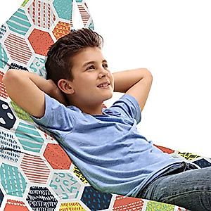 Lunarable Retro Modern Lounger Chair Bag, Hand Drawn Doodle Ornament of Honeycomb Scribbled and Dotted Style Print, High Capacity Storage with Handle Container, Lounger Size, Multicolor