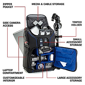 USA GEAR DSLR Camera Backpack Case - 15.6 inch Laptop Compartment, Padded Custom Dividers, Tripod Holder, Rain Cover, Long-Lasting Durability and Storage Pockets - Compatible with Many DSLRs (Blue)