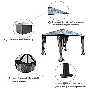 Kozyard Permanent Aluminum Hardtop Gazebo with Composite Polycarbonate Top for Outdoor Patio Lawn and Garden, Curtains and Netting Included (Edward 10ftx12ft)