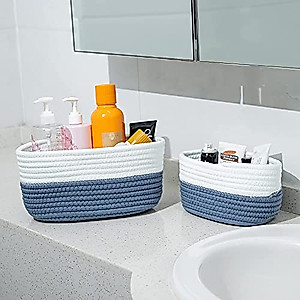 Hombins 3 Set Cotton Rope Storage Baskets with Handles | Round Baskets Set for Organization, Toy Basket, Small Soft Baby Nursery Baskets, Cat Dog Toy Basket, Gift, White&Blue