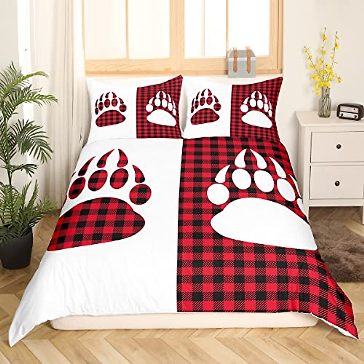 Manfei Kids Bear Paw Print Duvet Cover Set Full Size, Wildlife Footprint Bedding Set 3pcs for Boys Girls Room Decor, Red Black Plaid Print Comforter Cover Animal Theme Quilt Cover with 2 Pillowcases