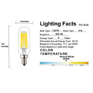 OPALRAY T8(T25) LED Small Tubular Bulb, Dimmable 6W, Natural White 4000K Daylight, 60W Incandescent Equivalent, LED Filament Lamp, E12 Candelabra Bulb Base, Clear Glass Tube Tip, 5-Pack