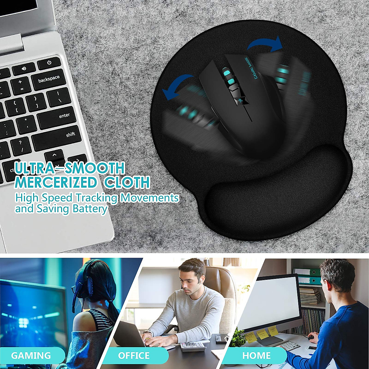 Ergonomic Mouse Pad 3 Pack with Wrist Rest Support, Round Gaming Mousepad with Smooth Surface & Non-Slip Rubber Base for Computer, Laptop, Office, Comfortable Memory Foam for Wrist Cushion