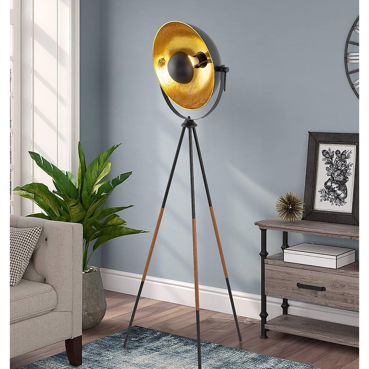 Kira Home Sulis 58" Modern Industrial Tripod LED Floor Lamp + 9W Bulb (Energy Efficient/Eco-Friendly), Leather Accent Legs, Satellite Style Shade, Black Finish