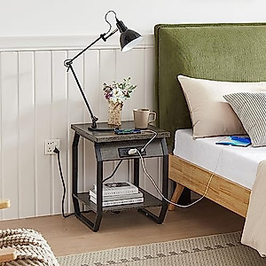 Anwick End Table with Charging Station Set of 2 Side Table with USB Ports and Outlets, Nightstand with Storage, Bedside Tables for Small Spaces, Sofa Side Tables for Living Room Bedroom(Grey)