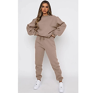 Alunzoem Tracksuit for Women Set Sweat Suit 2 Piece Pullover Solid Sweatshirt Long Pants Outfits Lounge Set Khaki M
