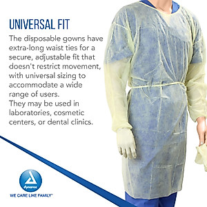 Dynarex Isolation Gowns - Full-Length, Max-Coverage Disposable Gowns - PPE Hospital Gown with Elastic Cuffs, Sewn Seams, Long Waist Ties, No Latex - Yellow, Large, 1 Case - 10 Bags of 5