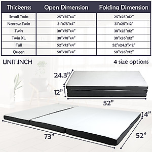 Folding Mattress, Tri-Fold Gel Memory Foam Mattress Portable Foldable Mattress with Washable Cover & Non-slip Bottom & Breathable Mesh Sides, Certipur-Us Certified, Fiberglass Free, (4 Inch, Full)