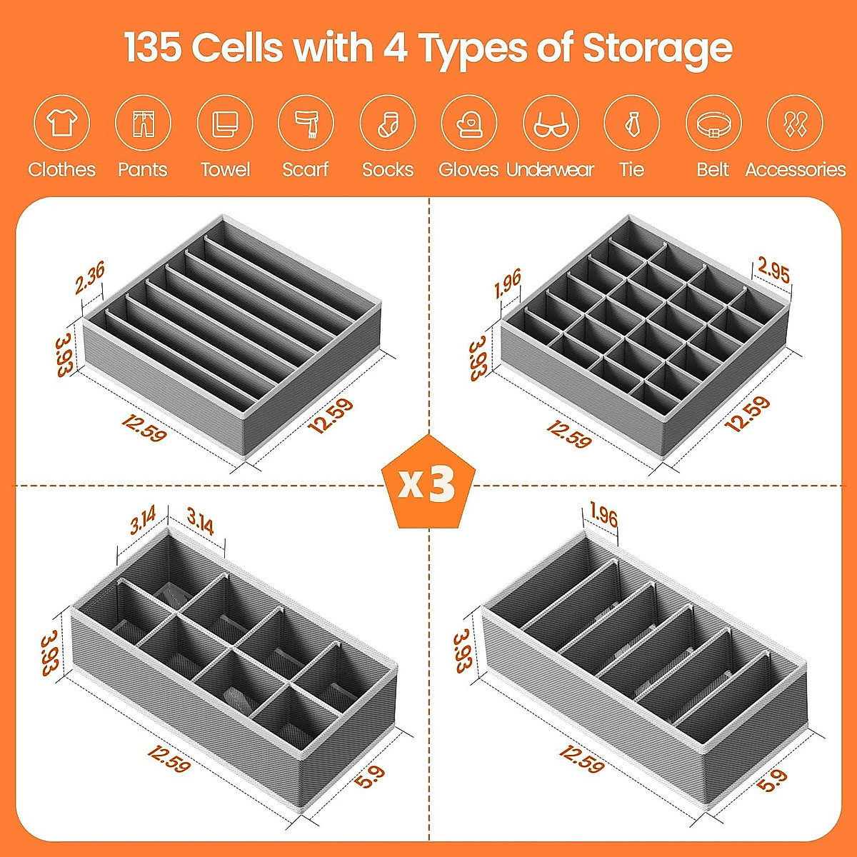 12-Pack Closet Drawer Organizer, 135 Cells Sock Underwear Organizer, Foldable Non-woven Dresser Fabric Storage Box Divider Bins for Bra, Socks, Underware, Ties, Clothes, Scarf and Swimsuit (Gray)