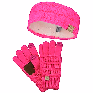 C.C Children's Kids' Cable Knit Ear Warmer Headband and Touchscreen Gloves Set, Neon Hot Pink