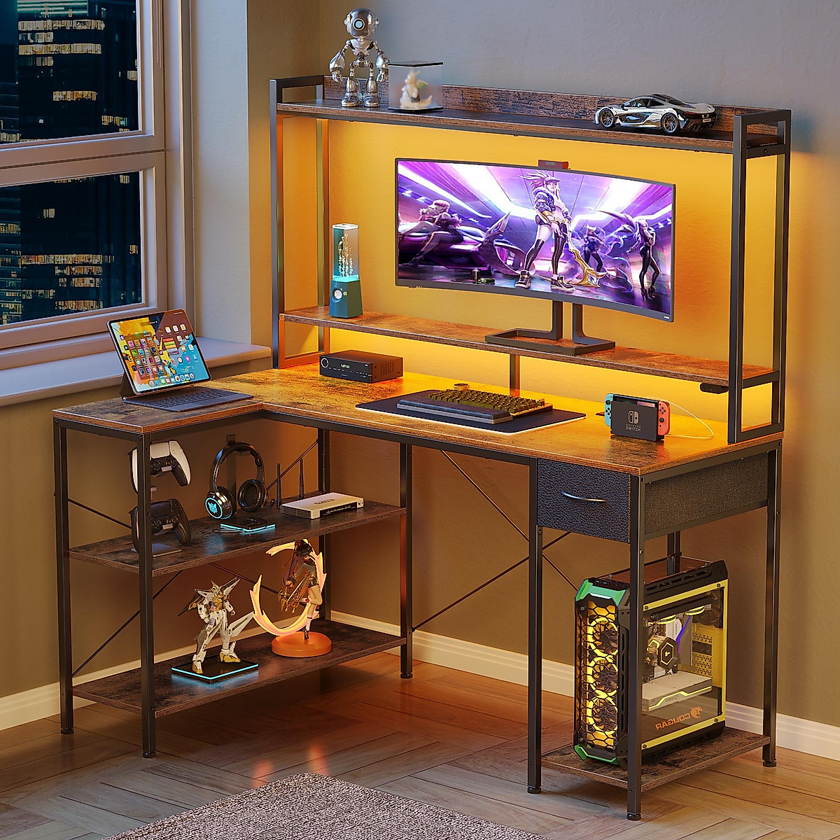 Seventable Gaming Desk with LED Light & Power Outlets, 47 inch Computer Desk with Shelves, Reversible L Shaped Desk with Monitor Stand, Corner Desk for Small Space, Rustic Brown