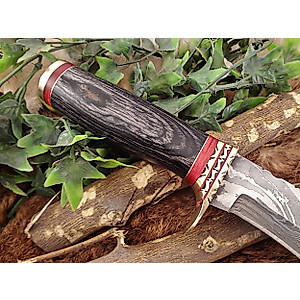 Damascus Steel Hunting Bowie Knife 14.5 Inches Custom Made Hand Forged with 10" Blade, 2 Tone Green Wood with Engraved Brass Scale, Thick Cow Hide Leather Sheath with Belt Loop (Black)