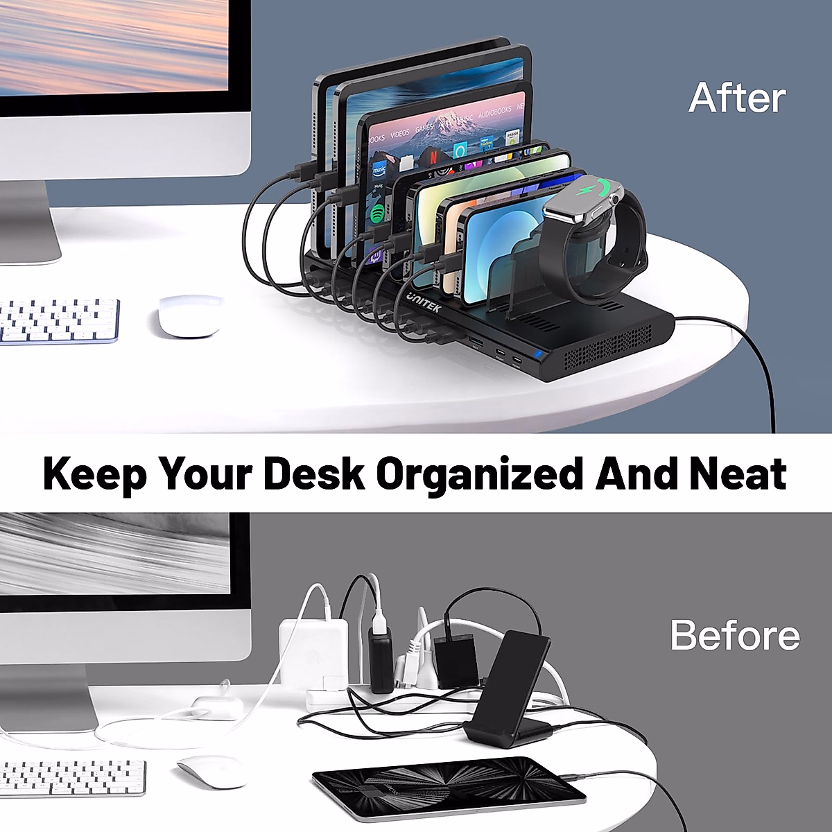 Multi USB Charging Station Unitek 96W 10 Ports Fast Charging Dock with 2 QC 3.0 & 2 PD 18W Charger Station Organizer for Multiple Devices Designed for iPad, iPhone, Tablet, iwatch, Laptop