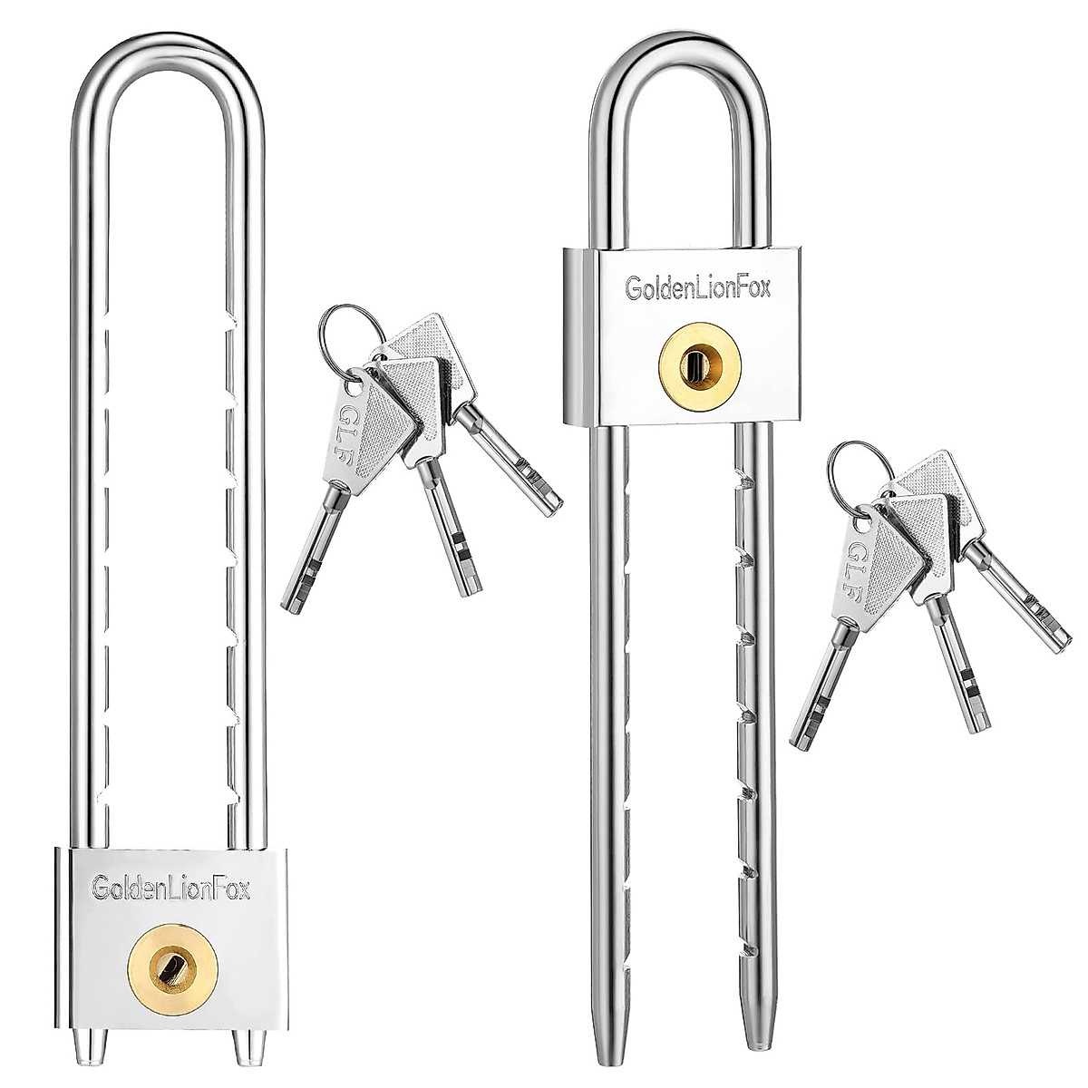 Photect 2 Pack Long Shackle Padlock with Key 2 Inch Solid Brass Removable Adjustable Length Silver Shackle for Gates, Cabinets, Safe Boxes, Bike Lock