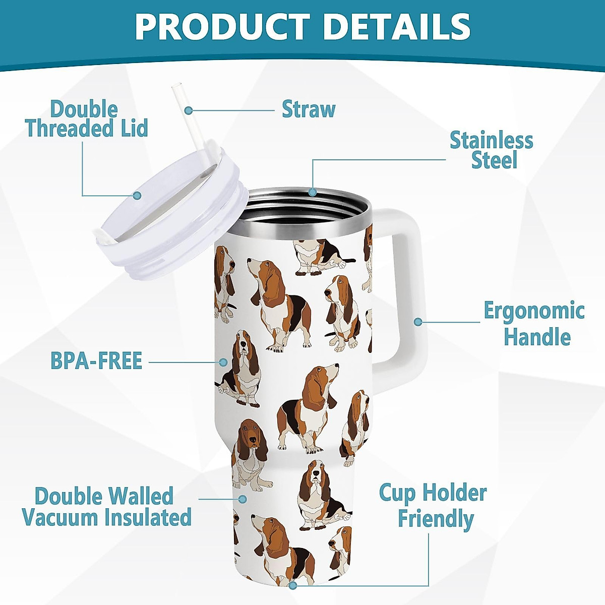 ZZXXB Basset Hound Dog Insulated Stainless Steel Water Bottle with Handle and Straw Lid Double Walled Travel Mug 40 oz