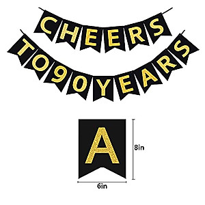 Trgowaul 90th Birthday Party Decorations Kit- Gold Cheers to 90 Years Banner, Pom Poms, 6Pcs Sparkling 90 Hanging Swirl, 90 Balloon, 15 Confetti Balloons(Black, Golden) for 90 Years Old Party Supplies