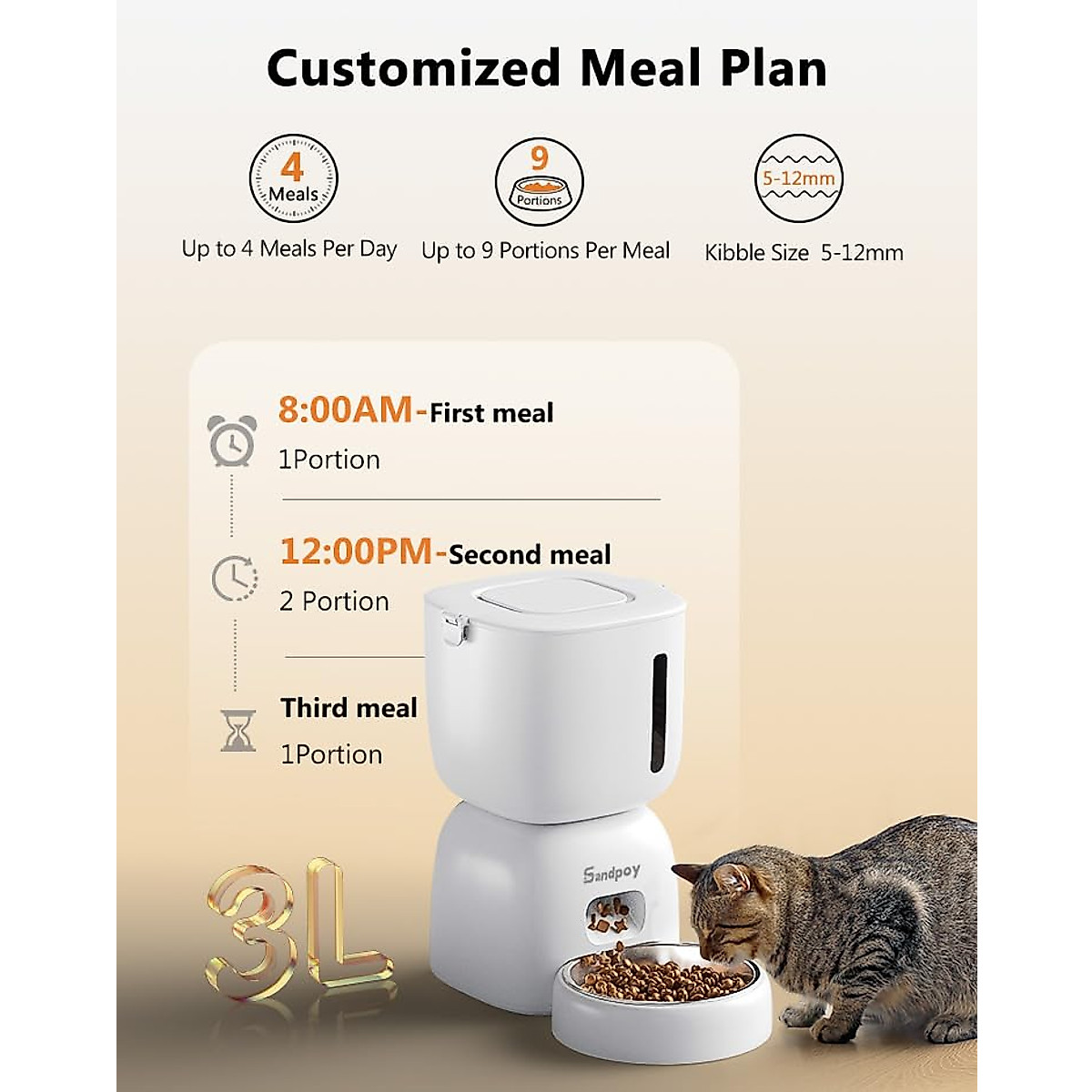 Sandpoy Automatic Cat Feeder and Water Dispenser FW1, 3L Cat Food Dispenser with Locking Lid, Two-in-One Set Timed Cat Feeder for Cats and Puppies, Pet Feeder with Portion Control, 4 Daily Meals