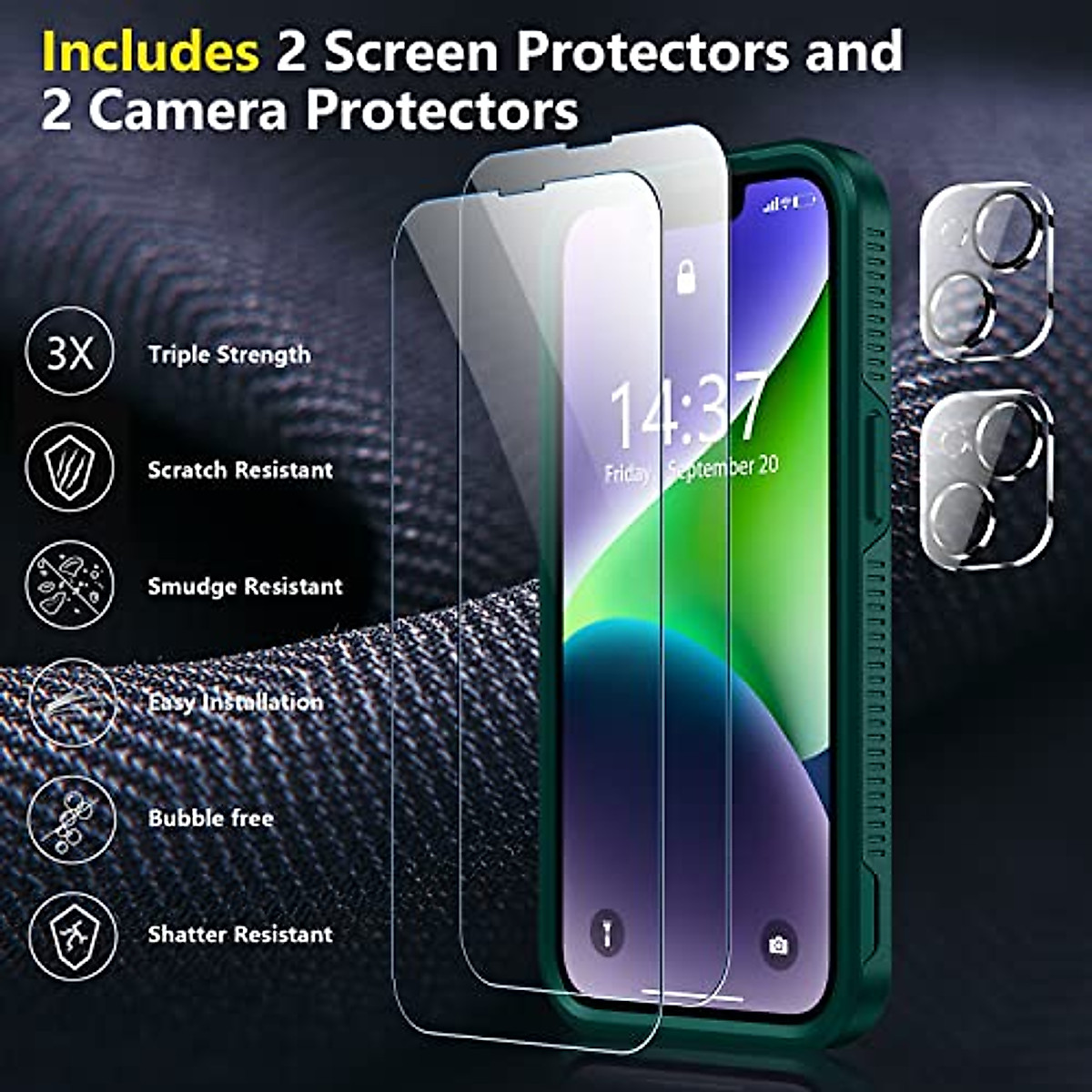 SPIDERCASE for iPhone 14 Case, [15 FT Military Grade Drop Protection][Non-Slip] [2+Tempered Glass Screen Protectors][2+Tempered Camera Lens Protectors] Heavy Duty Shockproof Case, Dark Green