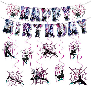 Spider Girl Party Supplies Spider Gwen Happy Birthday Banner Hanging Swirls for Ghost Spider Birthday Decorations