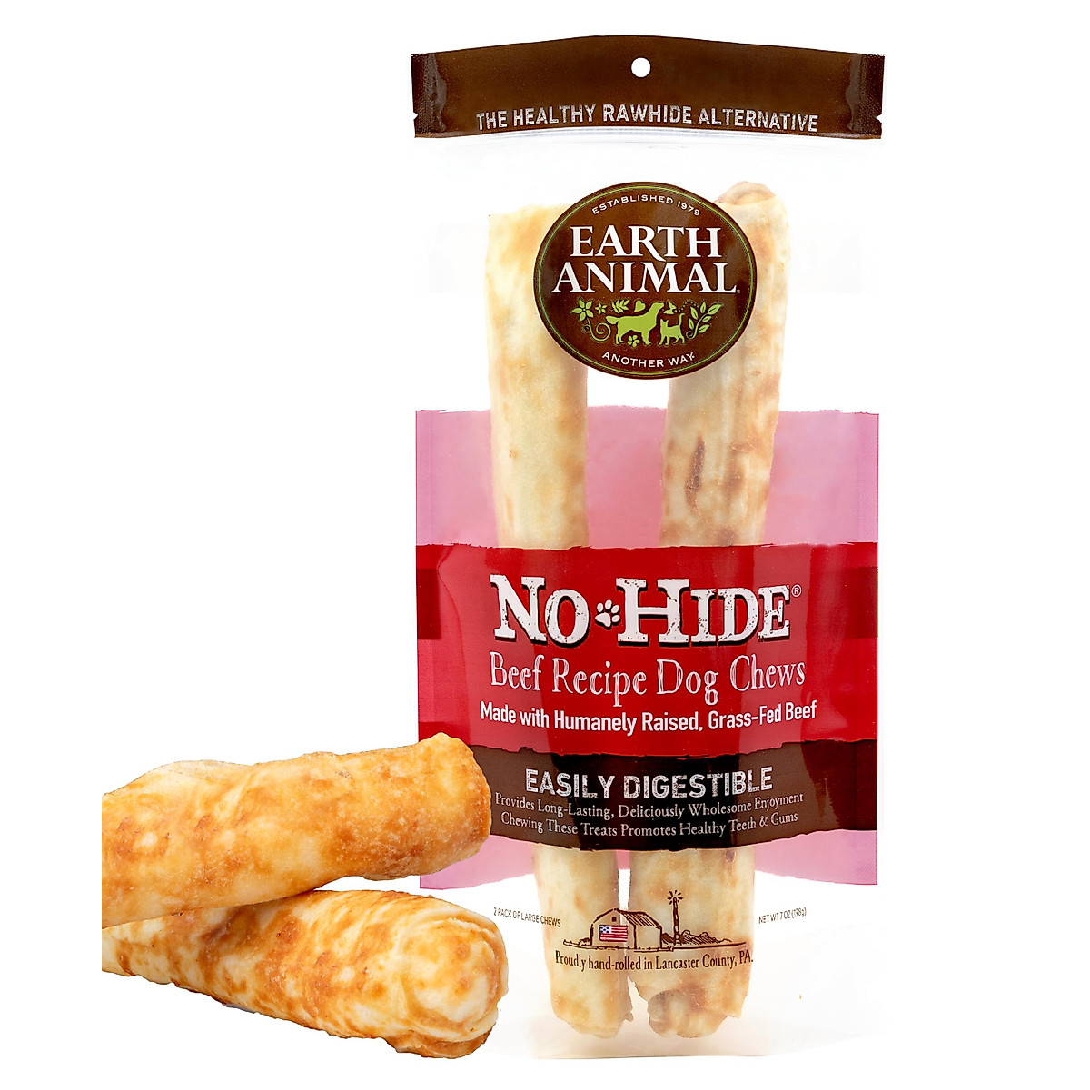 Earth Animal No Hide Large Beef Flavored Natural Rawhide Free Dog Chews Long Lasting Dog Chew Sticks | Dog Treats for Large Dogs | Great Dog Chews for Aggressive Chewers (1 Pack)