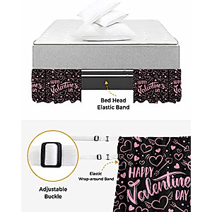 Valentine's Day Bed Skirt King Size 16 Inch Drop, Adjustable & Elastic Wrap Around Bed Skirts Pleated Luxury Dust Ruffles for Twin Full Queen Cal King Base Bed, Pink Black Romance Love Heart
