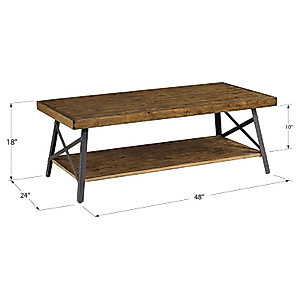 Emerald Home Furnishings Chandler Rustic Industrial Solid Wood and Steel Coffee Table with Open Shelf, Pine Brown,48"