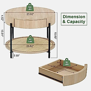 Yechen Round Coffee Table with Natural Rattan Woven Shelf and One Drawer, Boho Coffee Table, Rattan Coffee Table, Coffee Tables for Living Room, Metal Legs, Nature