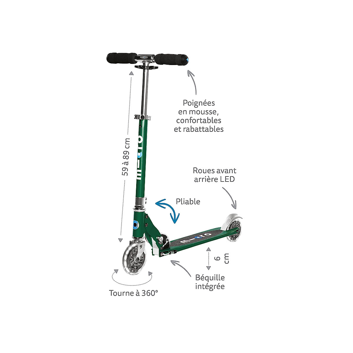 Micro Kickboard- Sprite LED - 2 Wheeled Kick Scooter Ages 6+, fold-to-Carry, Lightweight, Portable Scooter with Motion-Activated Light-up Wheels (Purple Stripe)