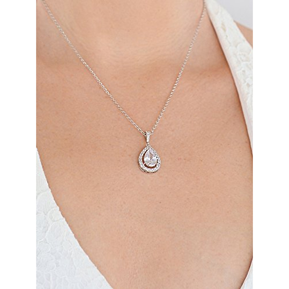 Mariell Cubic Zirconia Crystal Bridal Necklace, Teardrop Pendant, Prom Wedding Jewelry Gift for Women