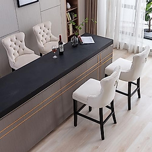 GOOLON Bar Stools Set of 2, Velvet 26 Inch Seat Height Counter Height Barstools with Back, Rivet Trim Bar Chairs for Kitchen Island Metal Pull Ring Wood Legs, Beige