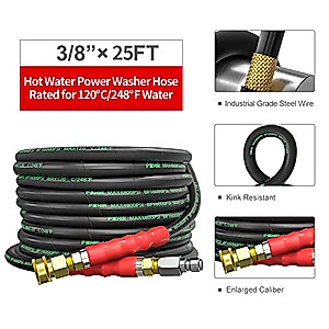 POHIR 3/8 Inch Pressure Washer Hose 25 FT with Adapter Set, 4800PSI Hot and Cold Water Max 248°F，Pressure Washer Garden Water Hose Adapter 14 Pack Full Set, 3/8 Power Washer Quick Disconnect Kit