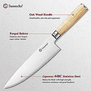 Sunnecko Japanese Chef Knife 8 inch, Sharp Kitchen Knife with 440C High Carbon Stainless Steel Blade Professional Cooking Knife, Gyuto Knife with Natural White Oak Wooden Handle Chopping Knife