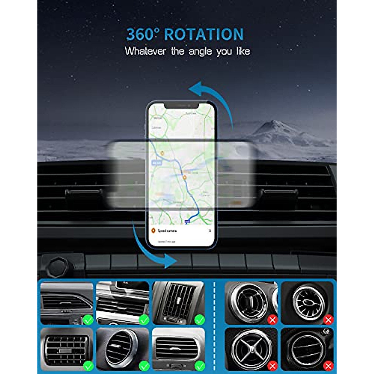 Magnetic Wireless Charger with QC3.O car Adapter WAITIEE Car Charger Mount for iPhone 14/13/12 Series with Air Vent Phone Holder 360° Adjustable Fast Car Charging
